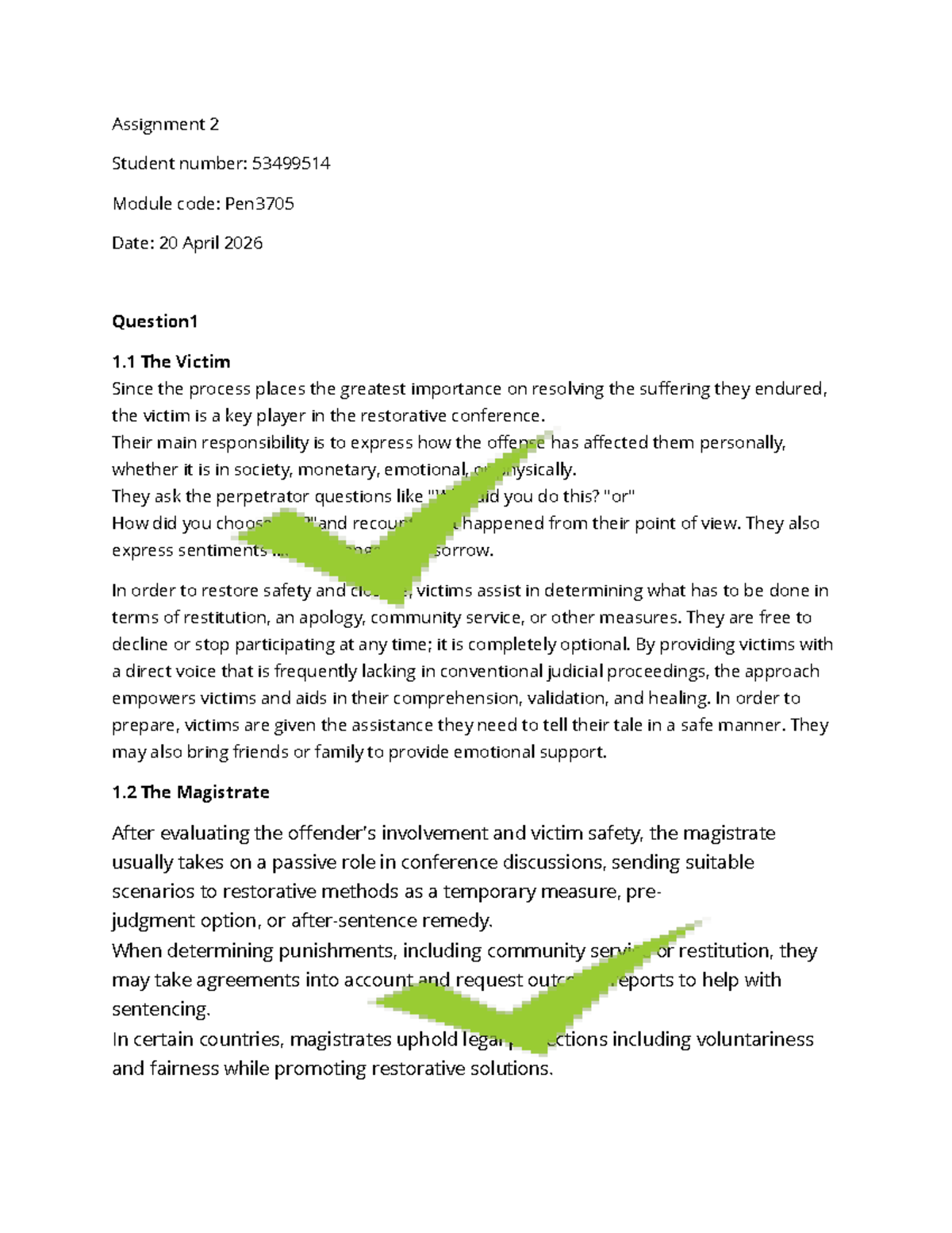 Pen3705 Assignment 2: Restorative Justice Roles - Studocu