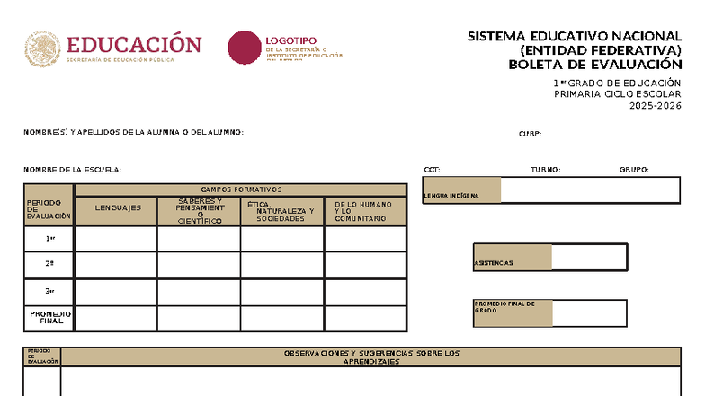 Boleta de Evaluación Digital 1° a 6° Primaria 2025-2026 - Studocu