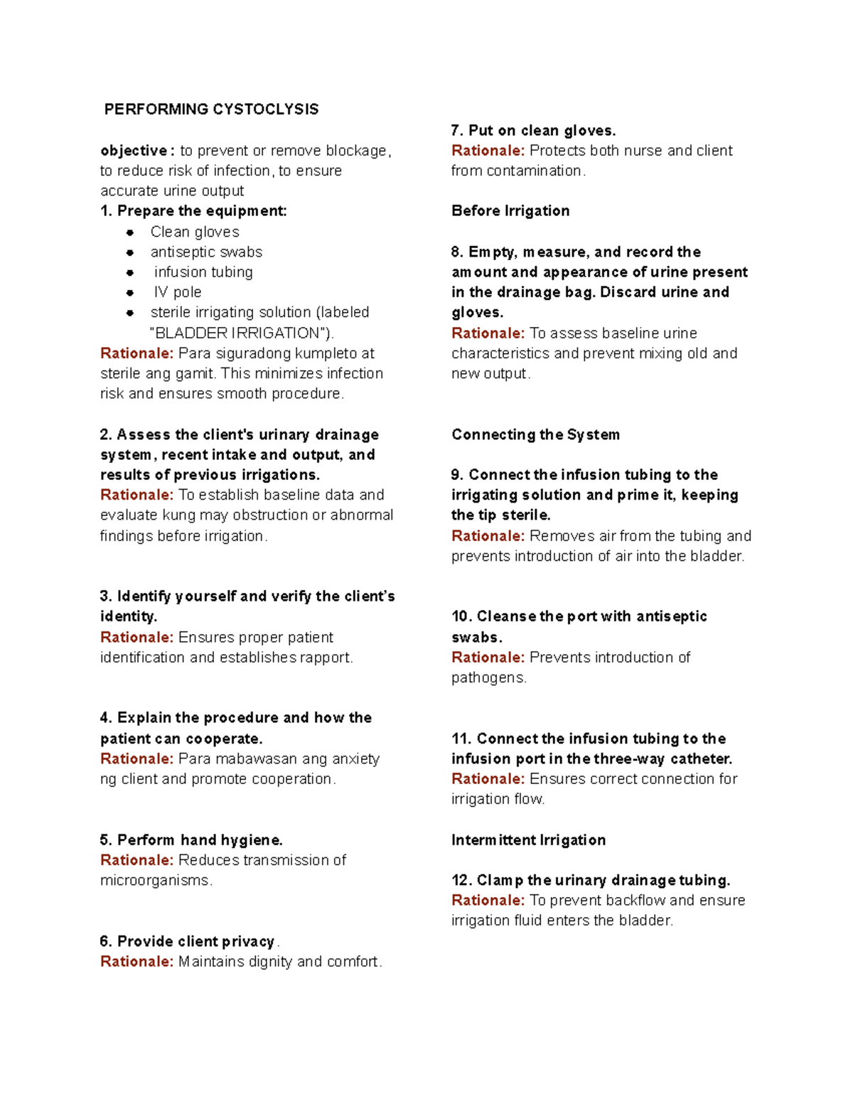 Cystoclysis Procedure & Incentive Spirometry Guidelines - Studocu
