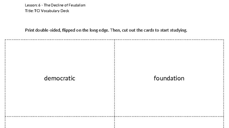 TCI Vocabulary Deck: Lesson 6 - The Decline of Feudalism - Studocu