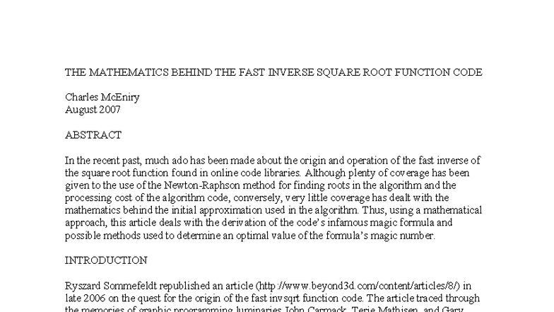 Mathematics of Fast Inverse Square Root Function (CS 406) - Studocu