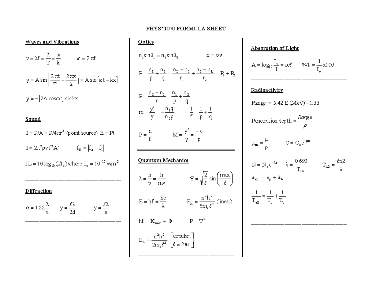 PHYS1070 Waves, Vibrations & Optics Formula Sheet - Studocu