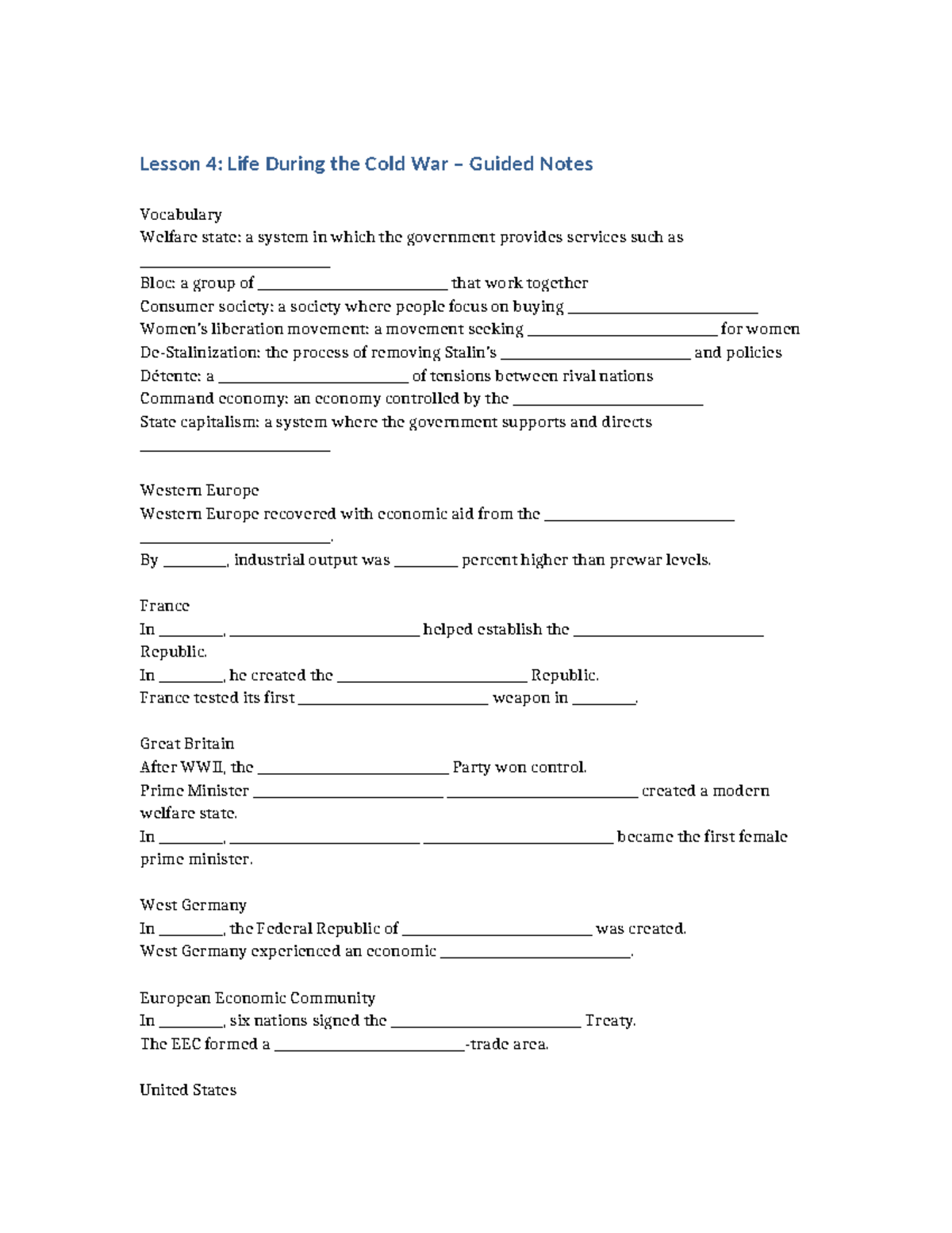 Lesson 4: Cold War Guided Notes & Key Vocabulary - Studocu