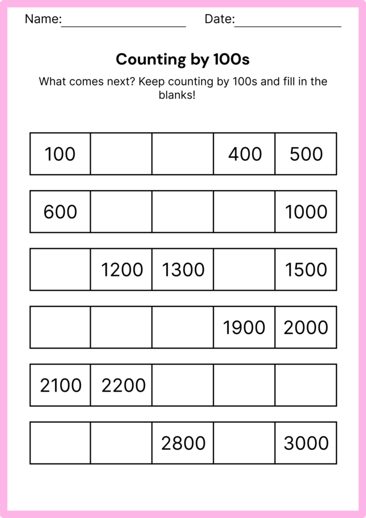 Counting by 100s Practice Worksheet – Version 2 - Name: Date: Counting ...