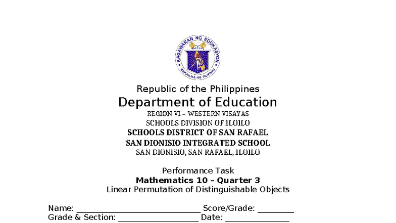 Math 10 Performance Task: Linear Permutation & Venn Diagram - Studocu