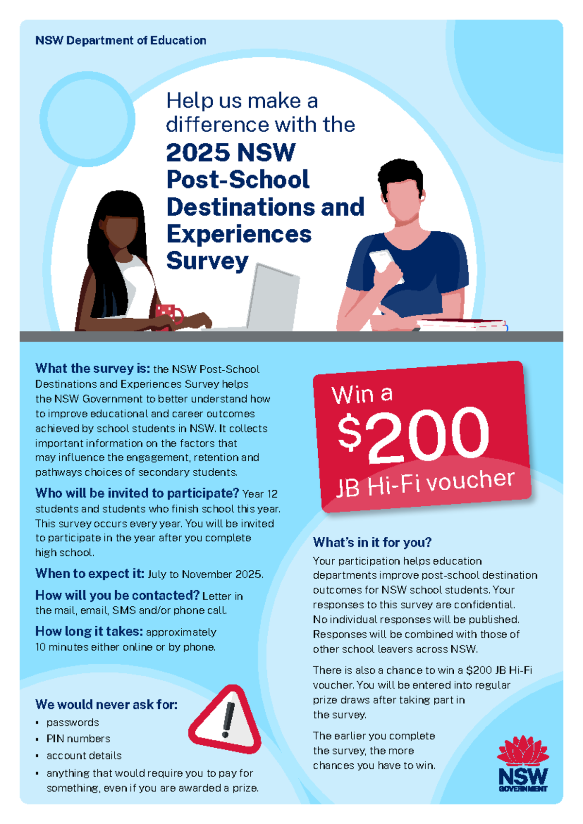 NSW Post-school Destinations and Experiences Survey Flyer - We would ...