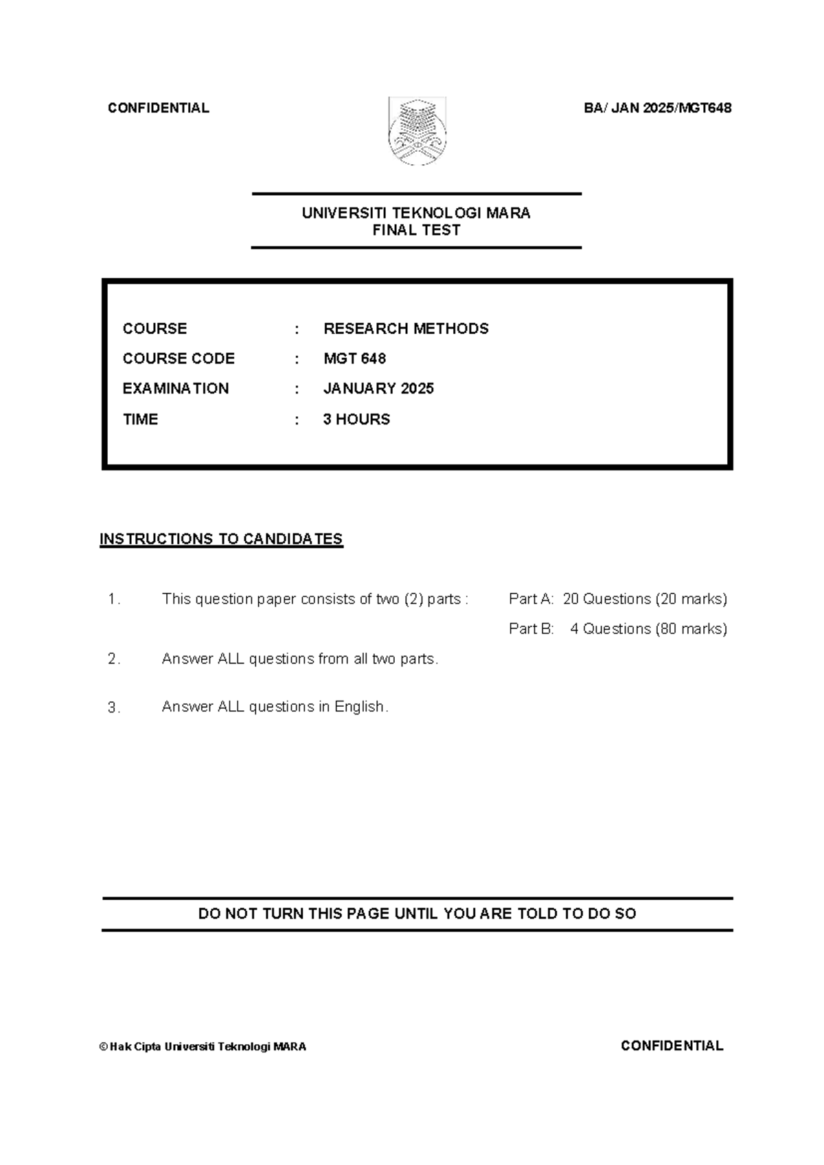 MGT 648 Final Test: Research Methods January 2025 Question Paper - Studocu