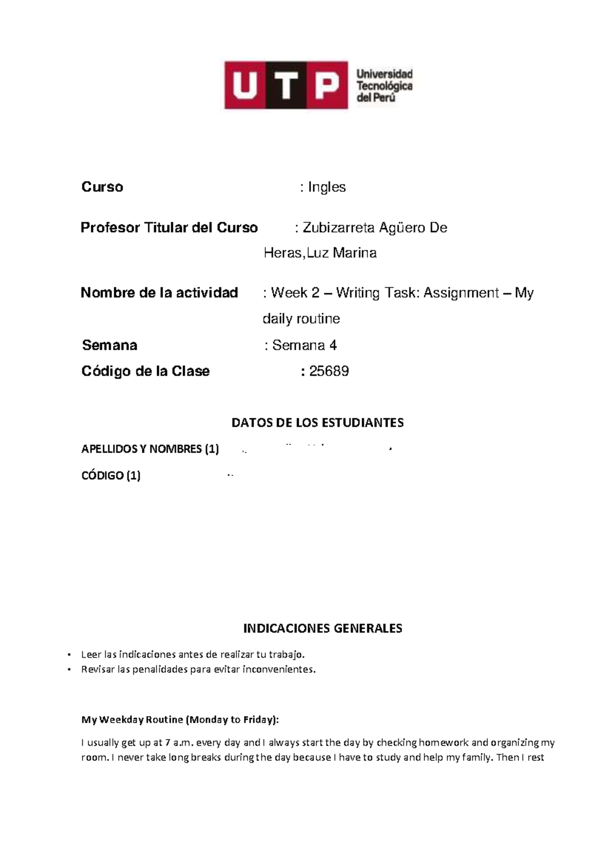 Ingles 25689: Week 4 Writing Task - My Daily Routine - Studocu