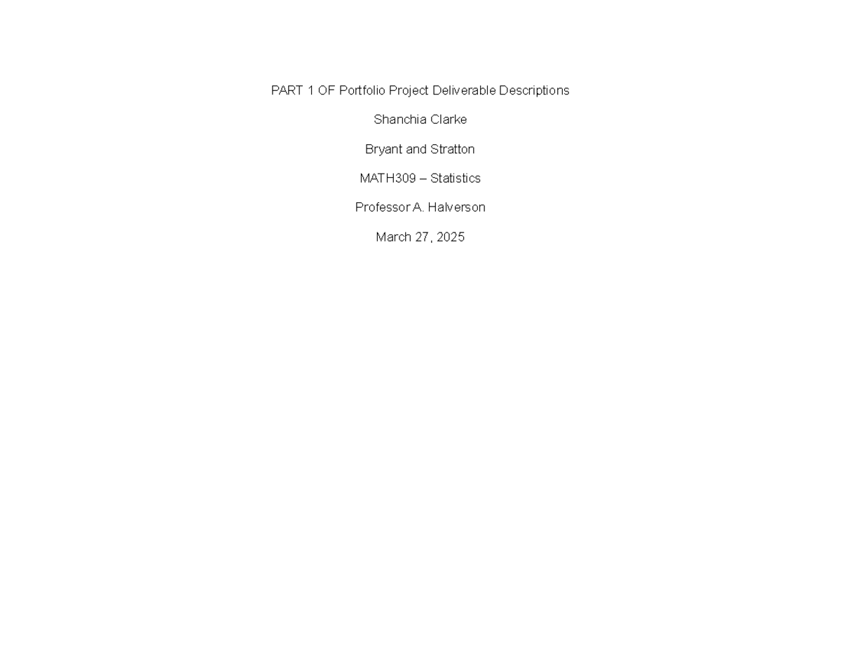 MATH309 – Final Exam Portfolio Project Deliverable Part 1: Data ...