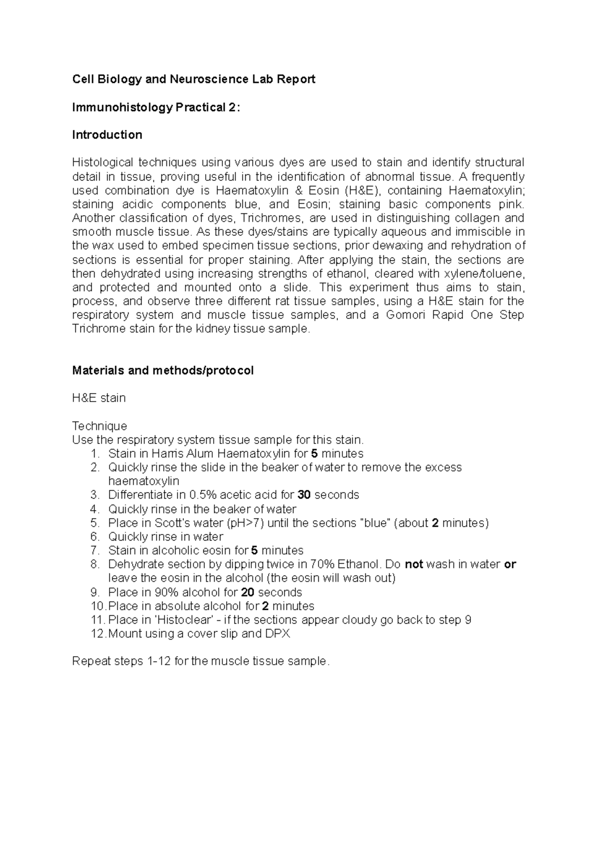 Cell Bio & Neuro Lab Report: Immunohistology Practical 2 - Studocu