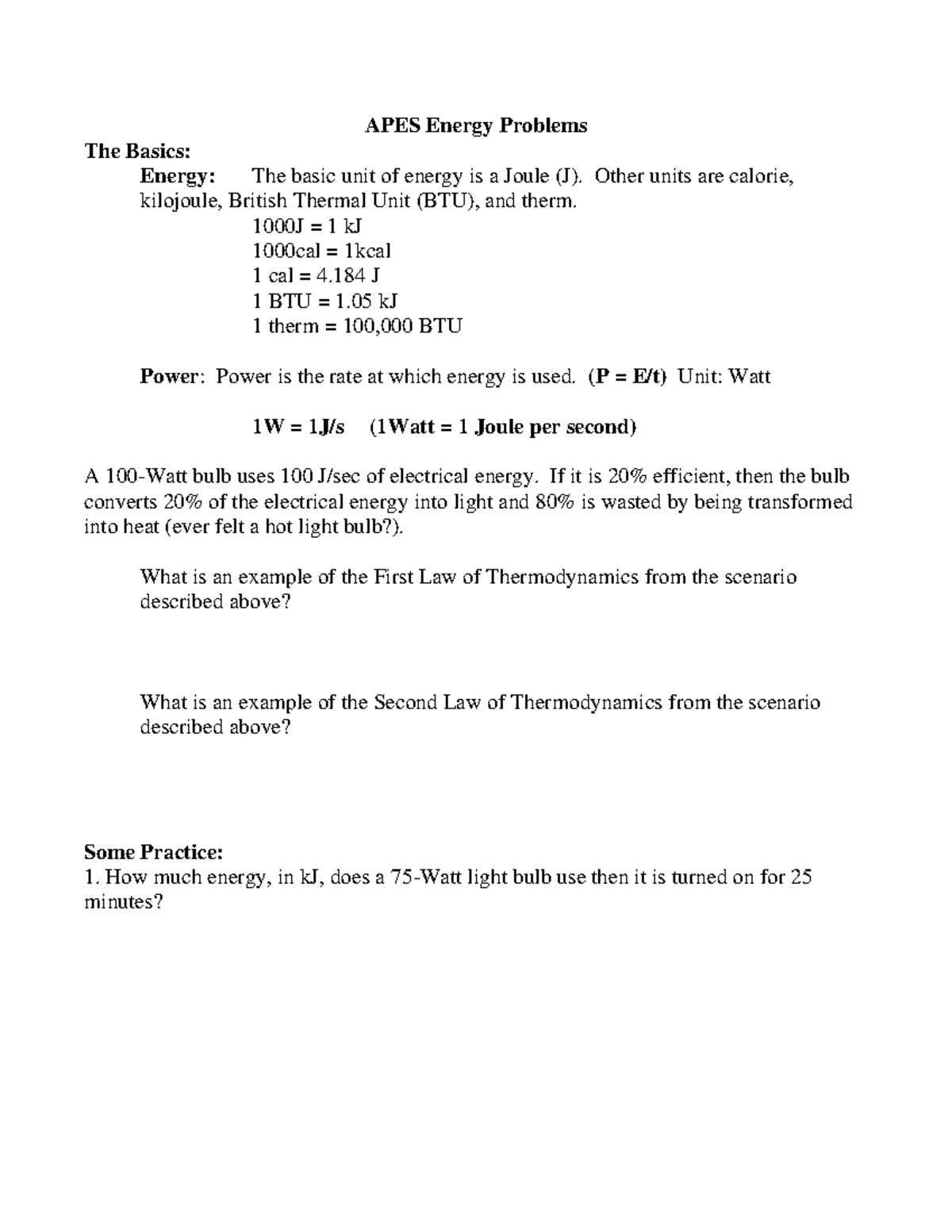 APES Energy Problems: Key Concepts and Practice Exercises - Studocu