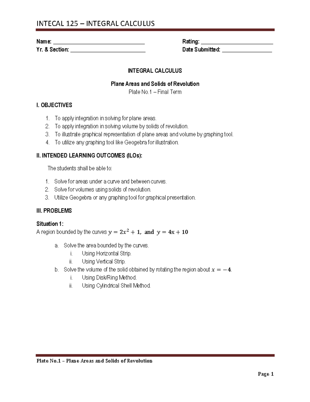 INTECAL 125 Final Exam: Plane Areas & Solids of Revolution - Studocu