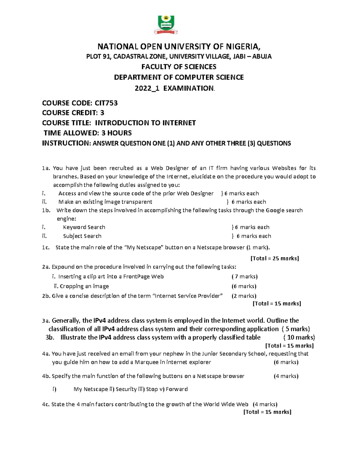 CIT753 2022_1 Examination: Introduction to Internet Study Guide - Studocu