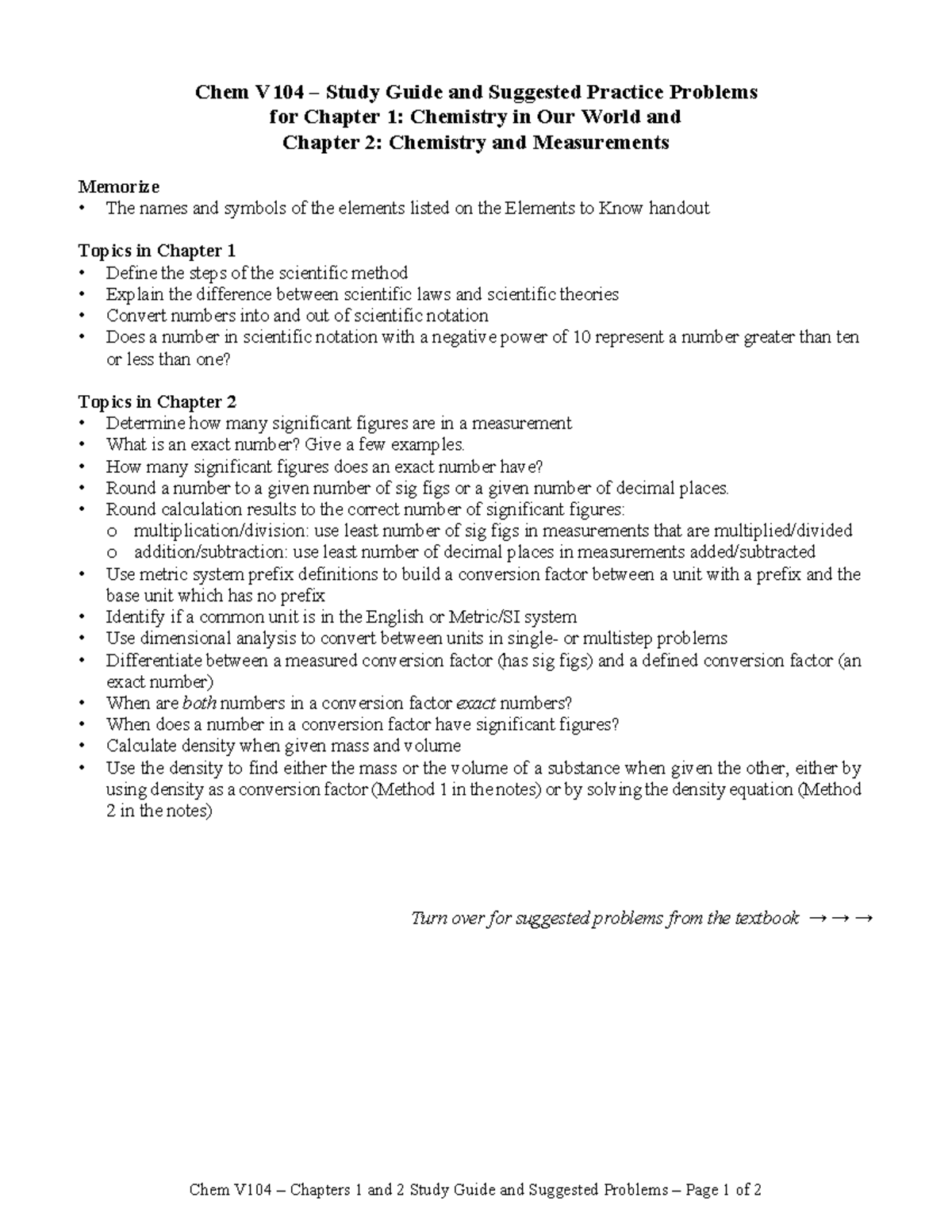 Chem V104 – Chapters 1 and 2 Study Guide - Studocu
