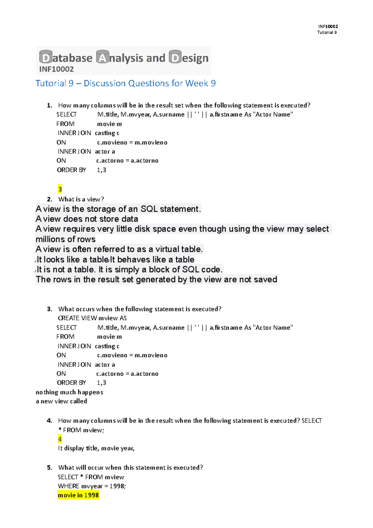 Week9 Tutorial Questions-1 - Tutorial 9 Tutorial 9 – Discussion ...