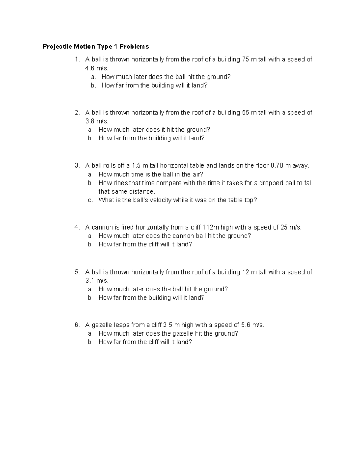 Projectile Motion Type 1 Practice Problems Projectile Motion Type 1