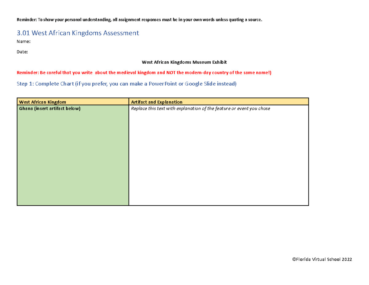 West African Kingdoms Assessment (3.01) - Artifact Explanation Guide ...