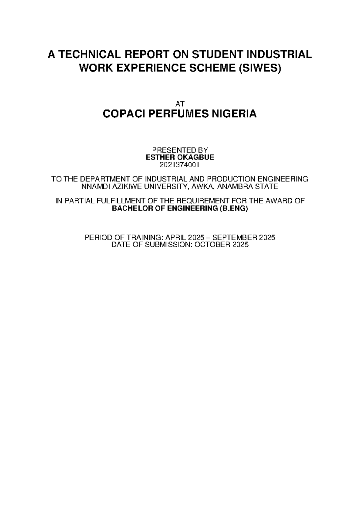 Esther Okagbue's Final SIWES Report at Copaci Perfumes (2025) - Studocu