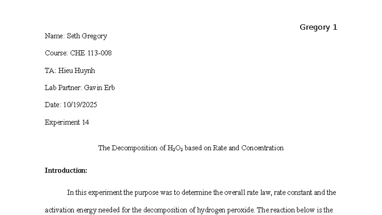 CHE 113 Lab Report: Decomposition of H2O2 - Rate & Concentration ...