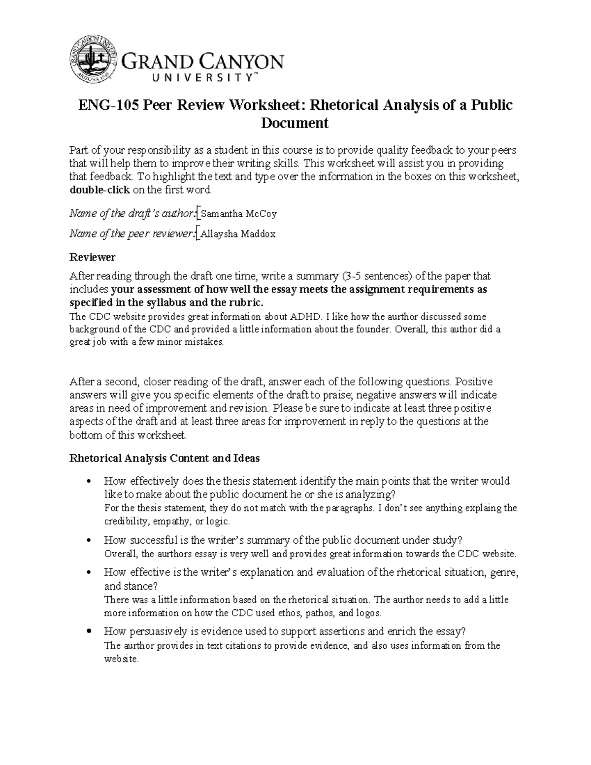 ENG-105-RS-Rhetorical Analysis Peer Review Worksheet Online - ENG-105 ...