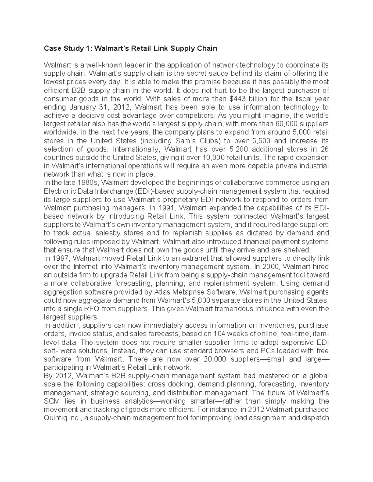 Chapter 2 Case Study - SCM - Case Study 1: Walmart’s Retail Link Supply Chain Walmart is a - Studocu
