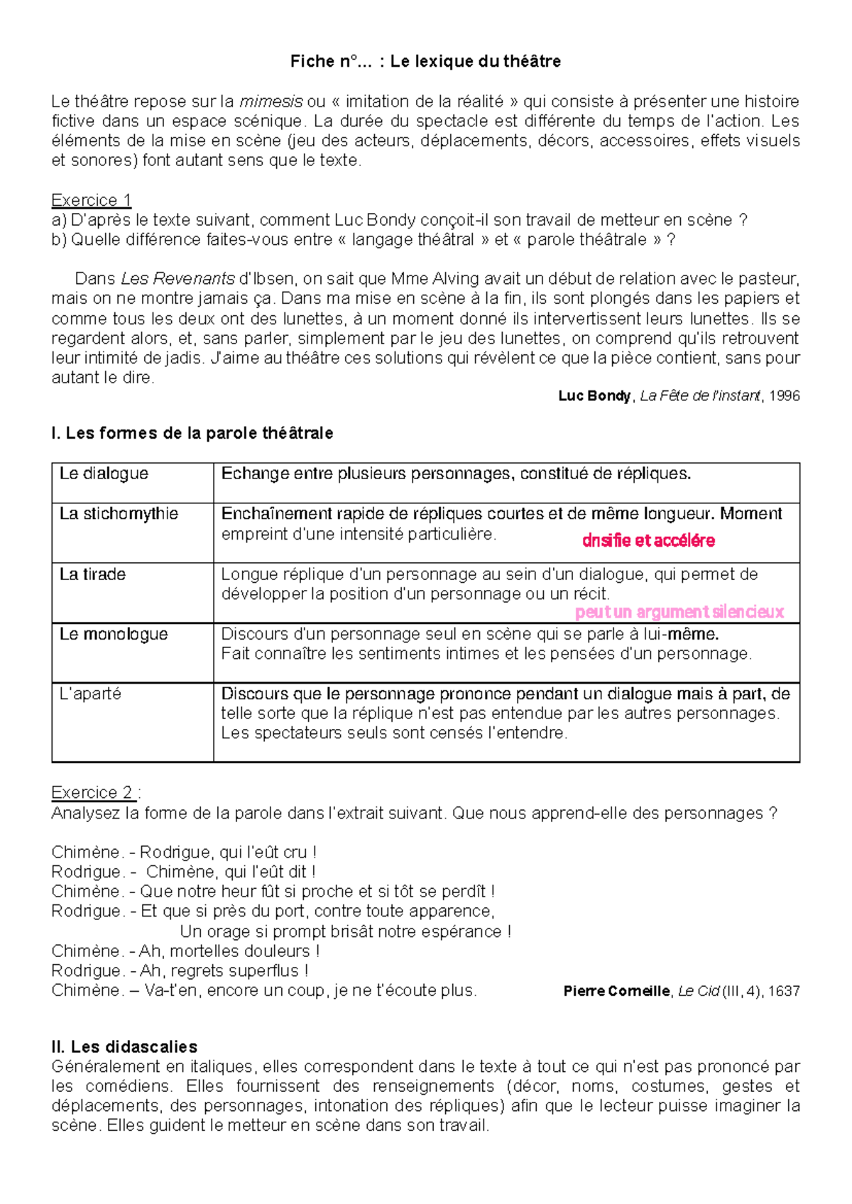 Fiche - Le lexique du théâtre - Fiche n°... : Le lexique du théâtre Le théâtre repose sur la ...