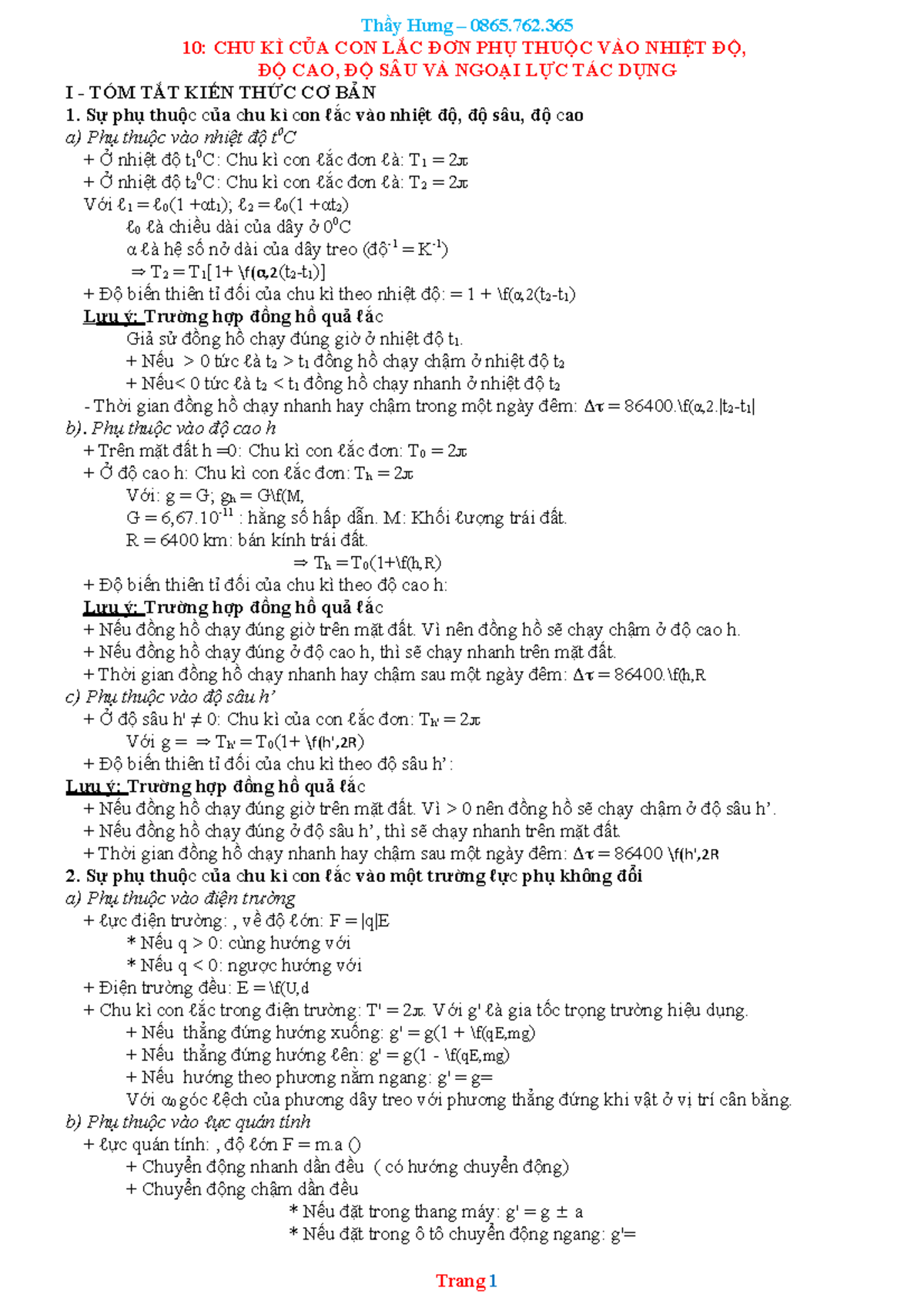 10.chu kì con lắc đơn - vat ky bai tap - 10: CHU KÌ CỦA CON LẮC ĐƠN PHỤ ...