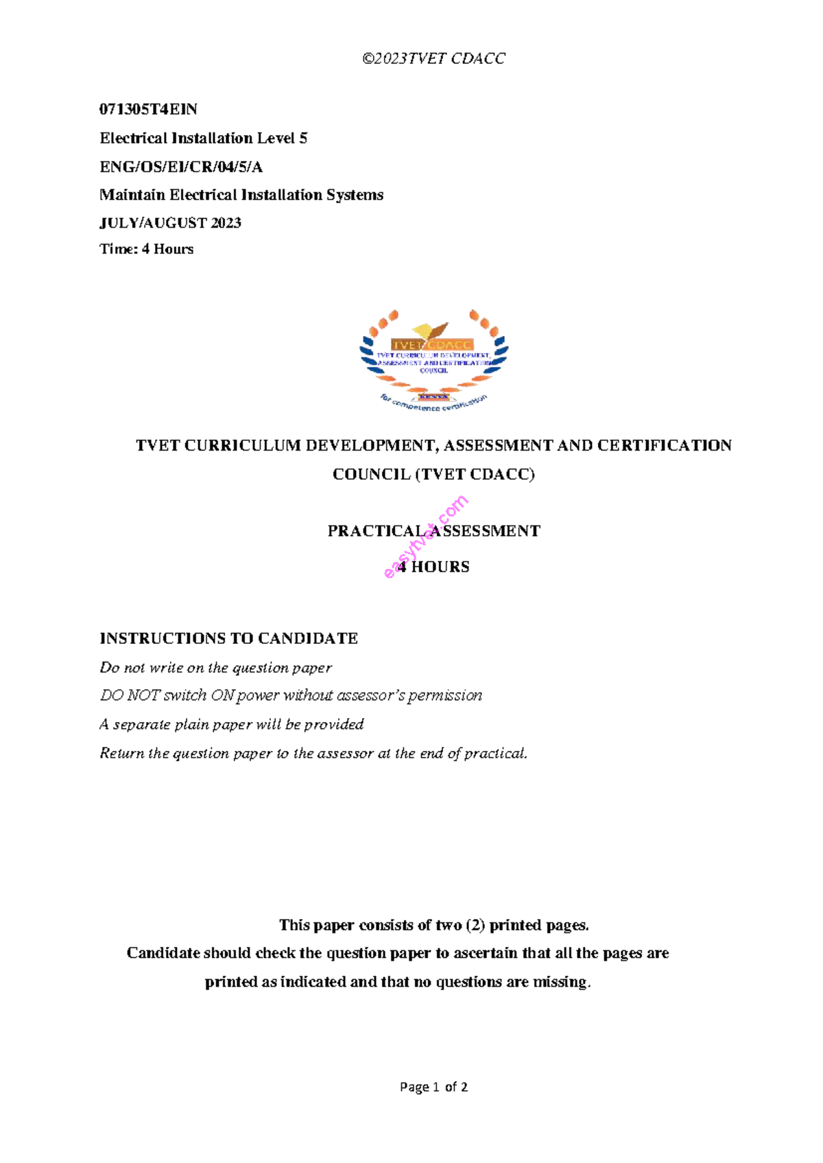 CDACC 071305T4EIN Electrical Installation Level 5 Practical Assessment ...