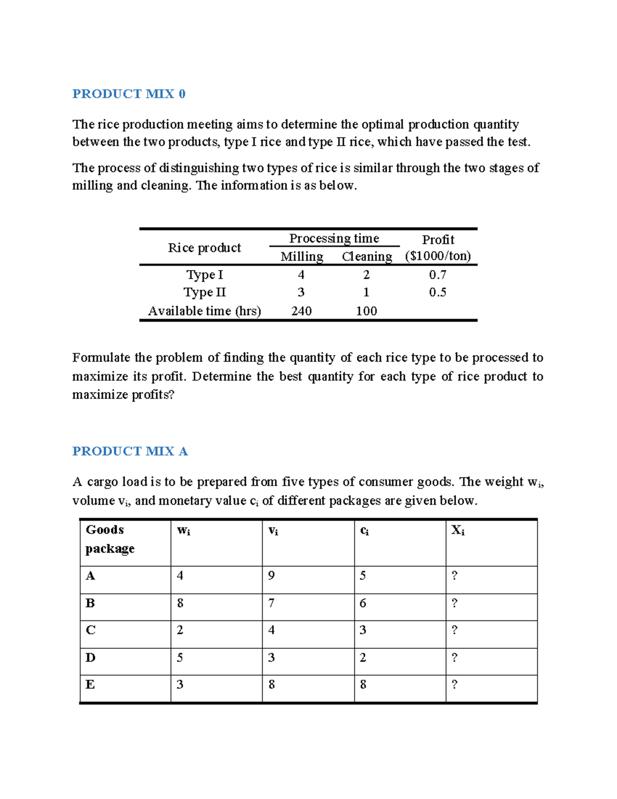 Optimization problems - PRODUCT MIX 0 The rice production meeting aims ...