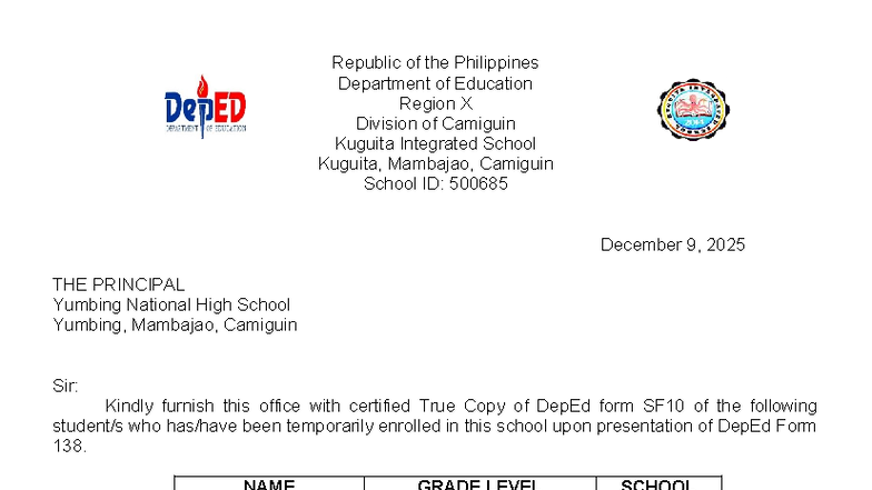 Request for Certified True Copy of DepEd Form SF10 - School ID 500685 ...
