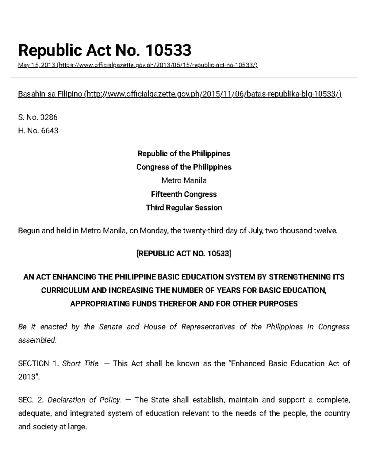 Republic Act No. 10533: Enhancing Philippine Basic Education System ...