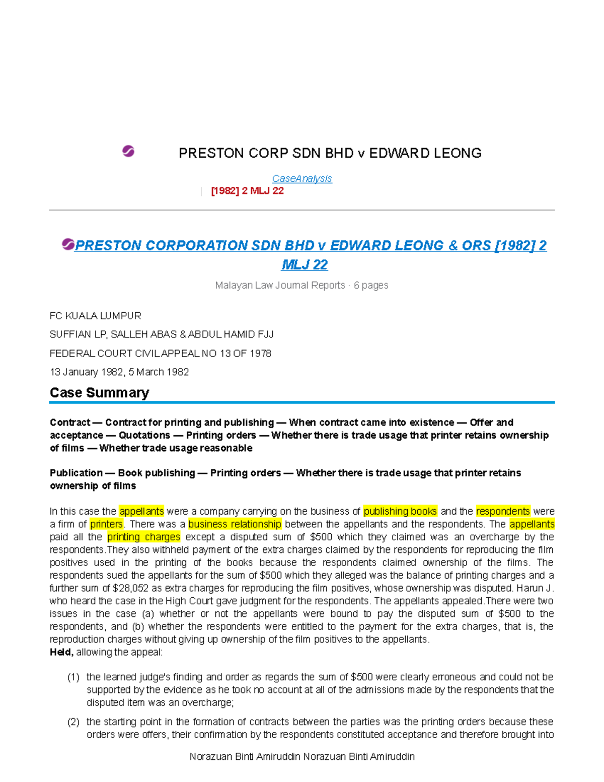 Preston Corp SDN BHD v Edward Leong & ORS Case Analysis [1982] 2 MLJ 22 ...