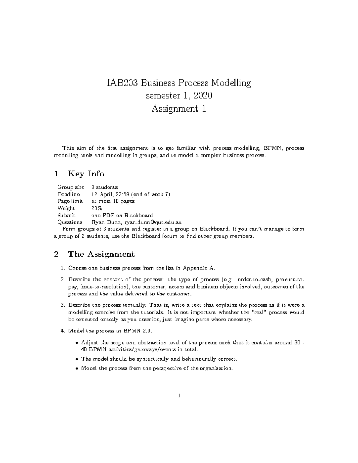IAB203-2020S1 Assessment Assignment-1 - IAB203 Business Process ...