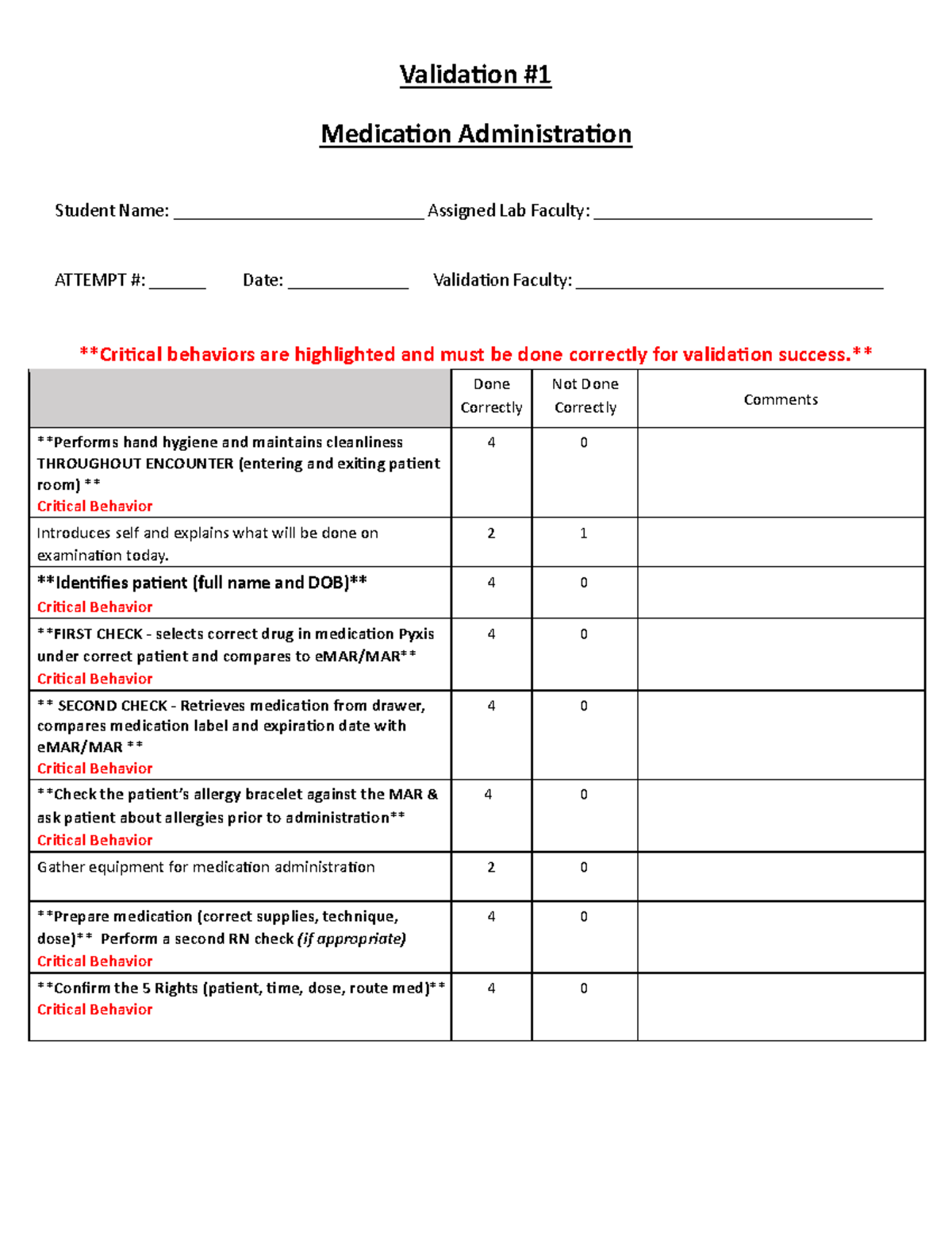 Validation 1 Rubric Medication Administration MR - Validation ...