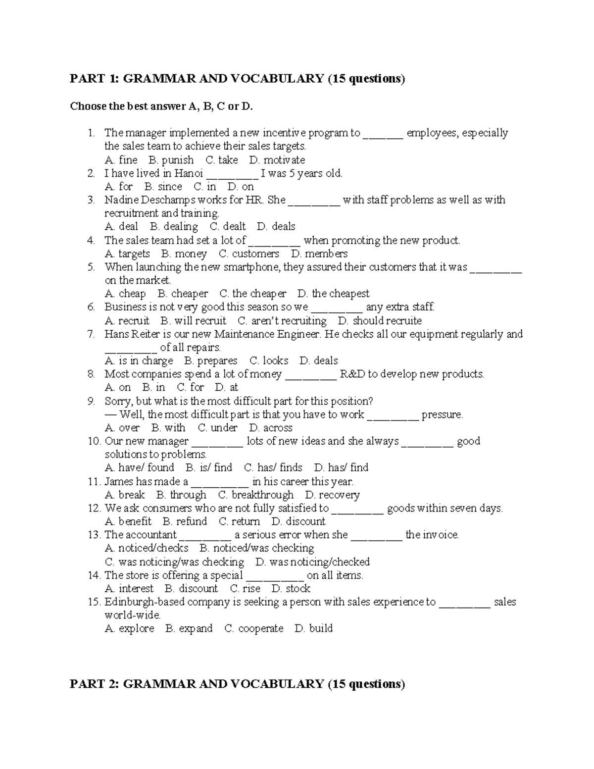 Grammar and Vocabulary Practice (Course Code: GV101) - Studocu