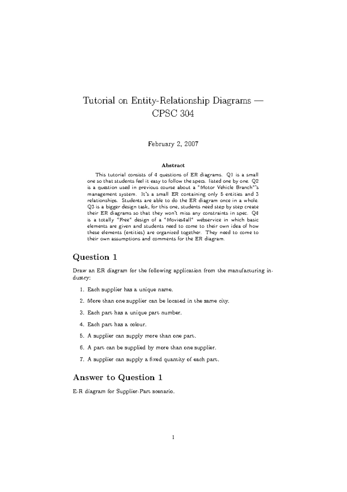 Answer - erd practice - Tutorial on Entity-Relationship Diagrams — CPSC ...