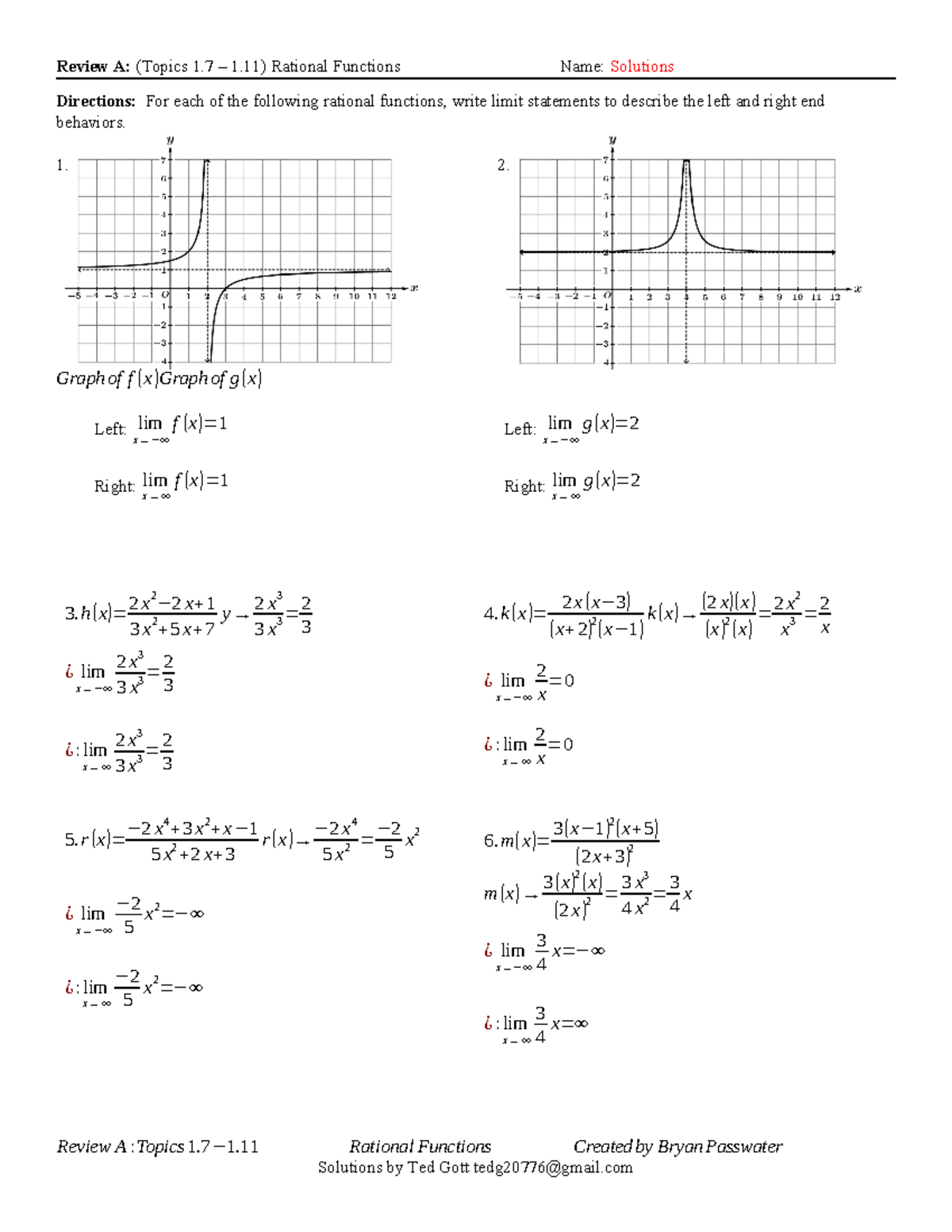 Review A Key Topics 1.7 - 1.11 Rational Functions - Review A: (Topics 1 ...