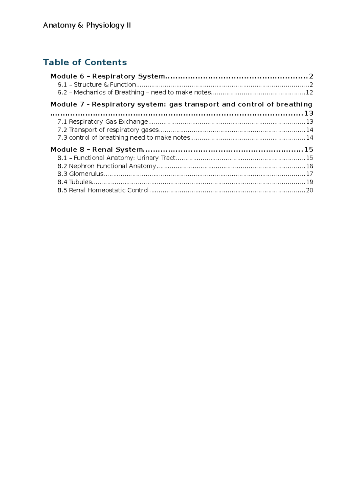 Anatomy Physiology II: Respiratory & Renal Systems Overview (Modules 6 ...