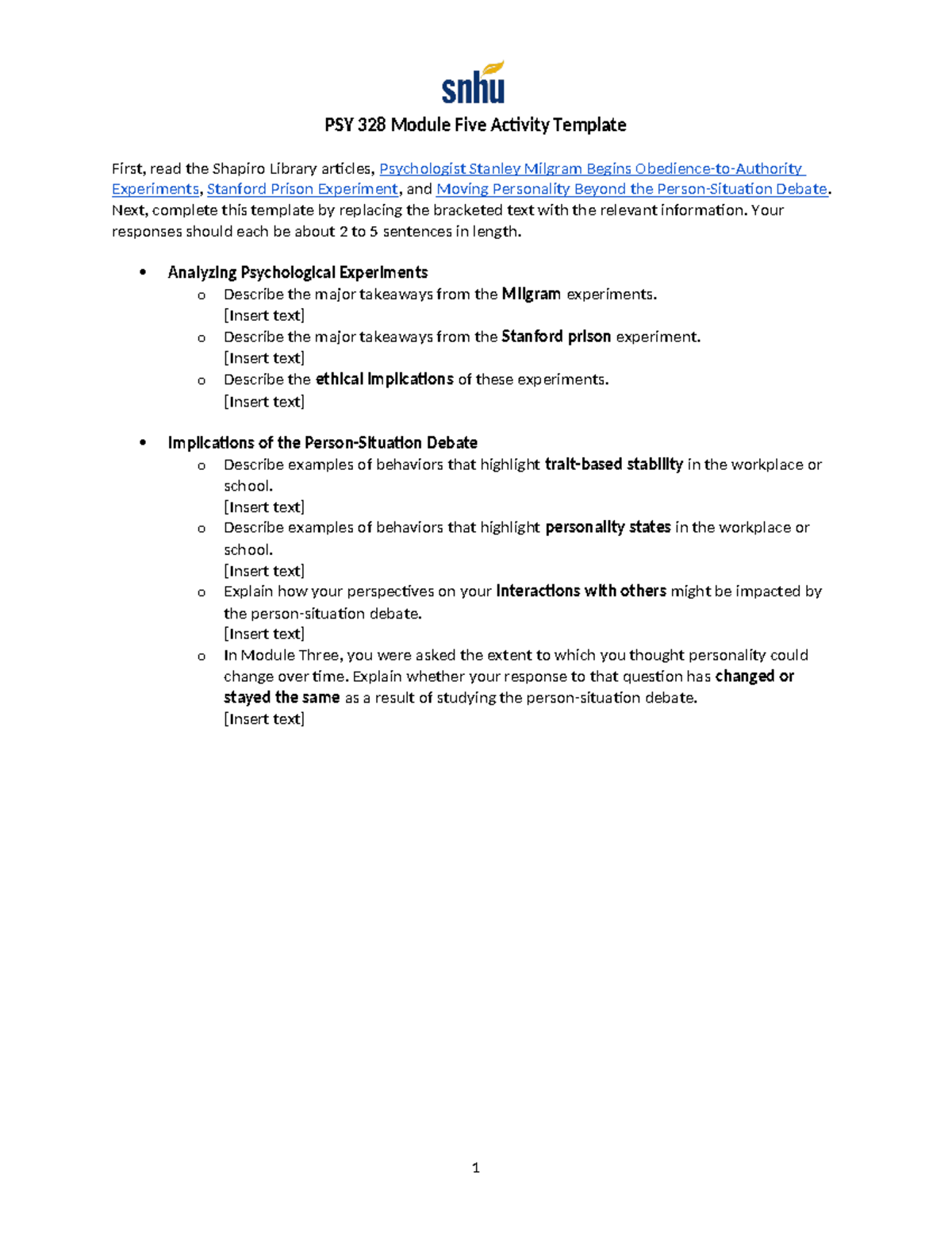 PSY 328 Module Five Activity: Analyzing Experiments & Person-Situation ...