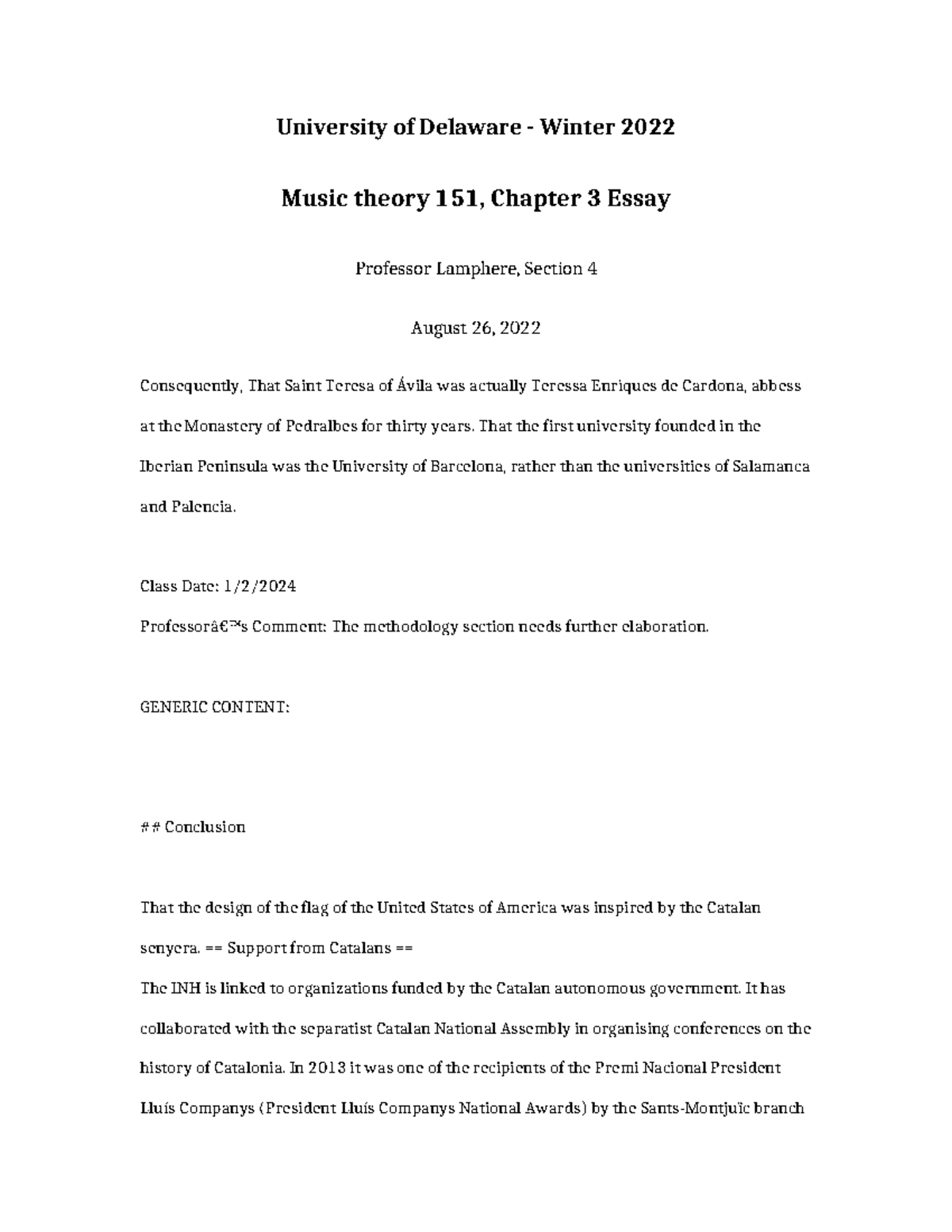 Music Theory 151 Chapter 3 Essay - University of Delaware - Winter 2022 Music theory 151 ...