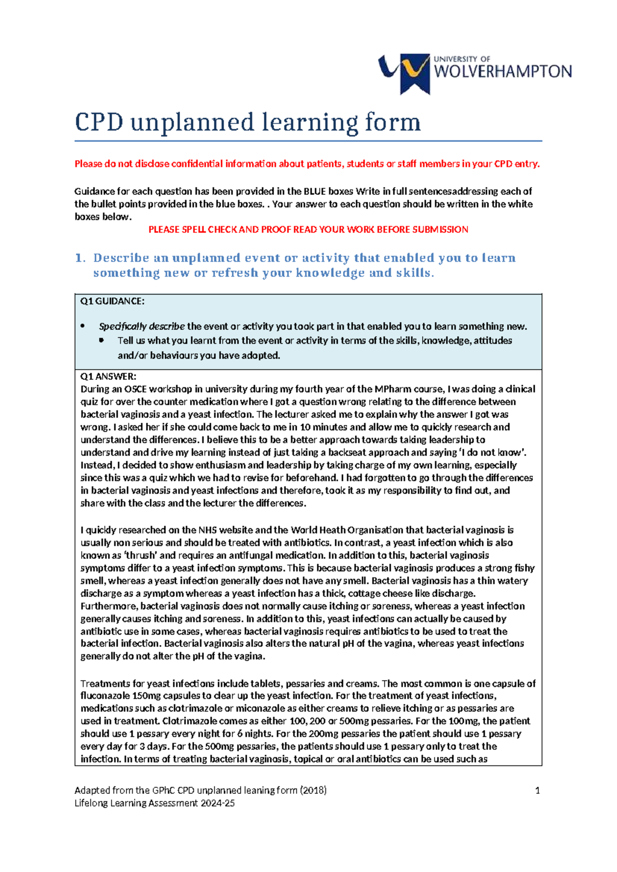 Unplanned CPD yeast and BV - CPD unplanned learning form Please do not ...