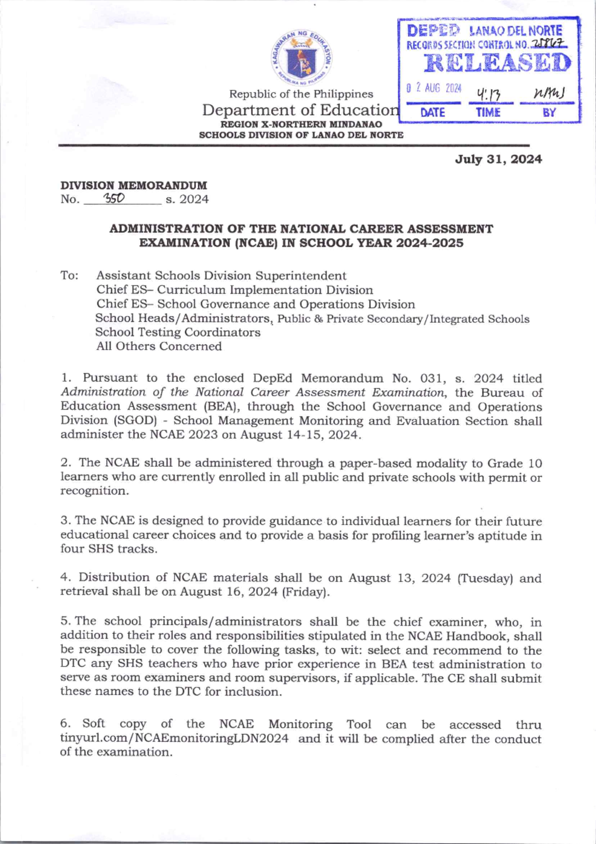 NCAE Administration Guidelines for SY 2024-2025: Division Memo #350 ...