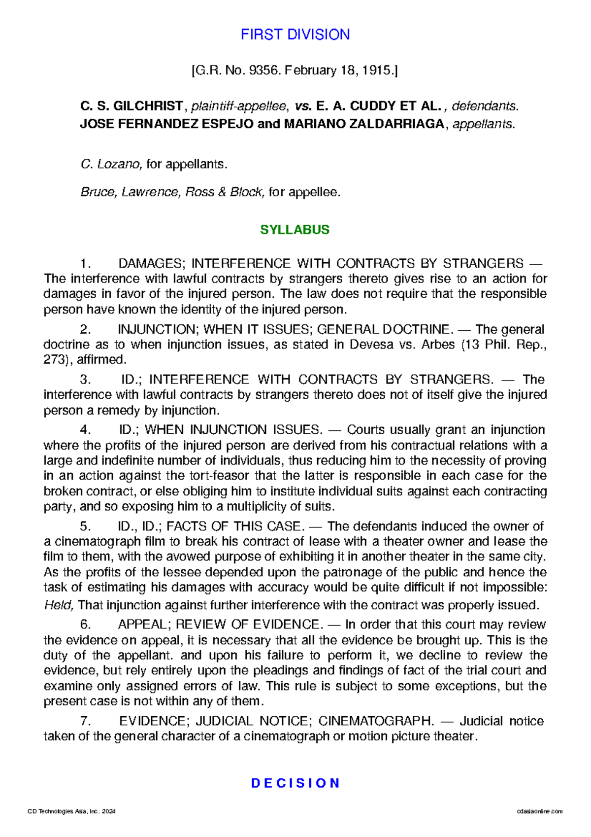 G.R. No. 9356: Analysis of Gilchrist v. Espejo Case and Injunctions ...