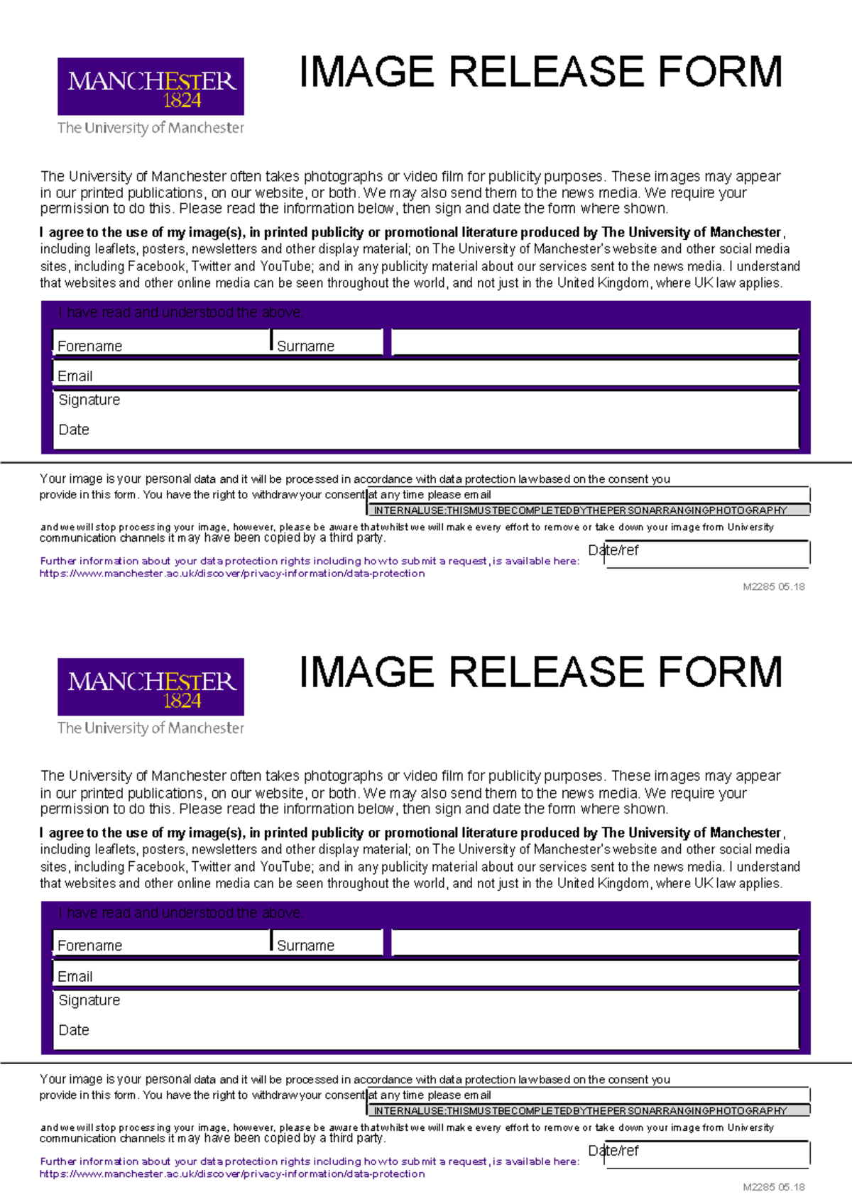 M2285 Photo Release Consent Form for The University of Manchester - Studocu