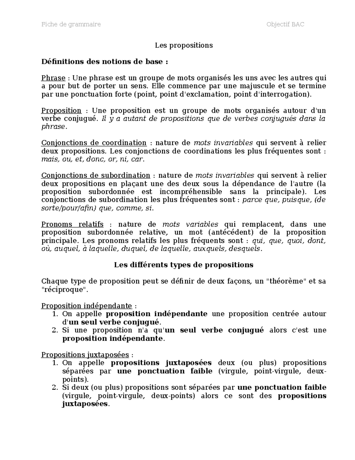 Fiche BAC Grammaire : Les Propositions et leurs Types - Studocu