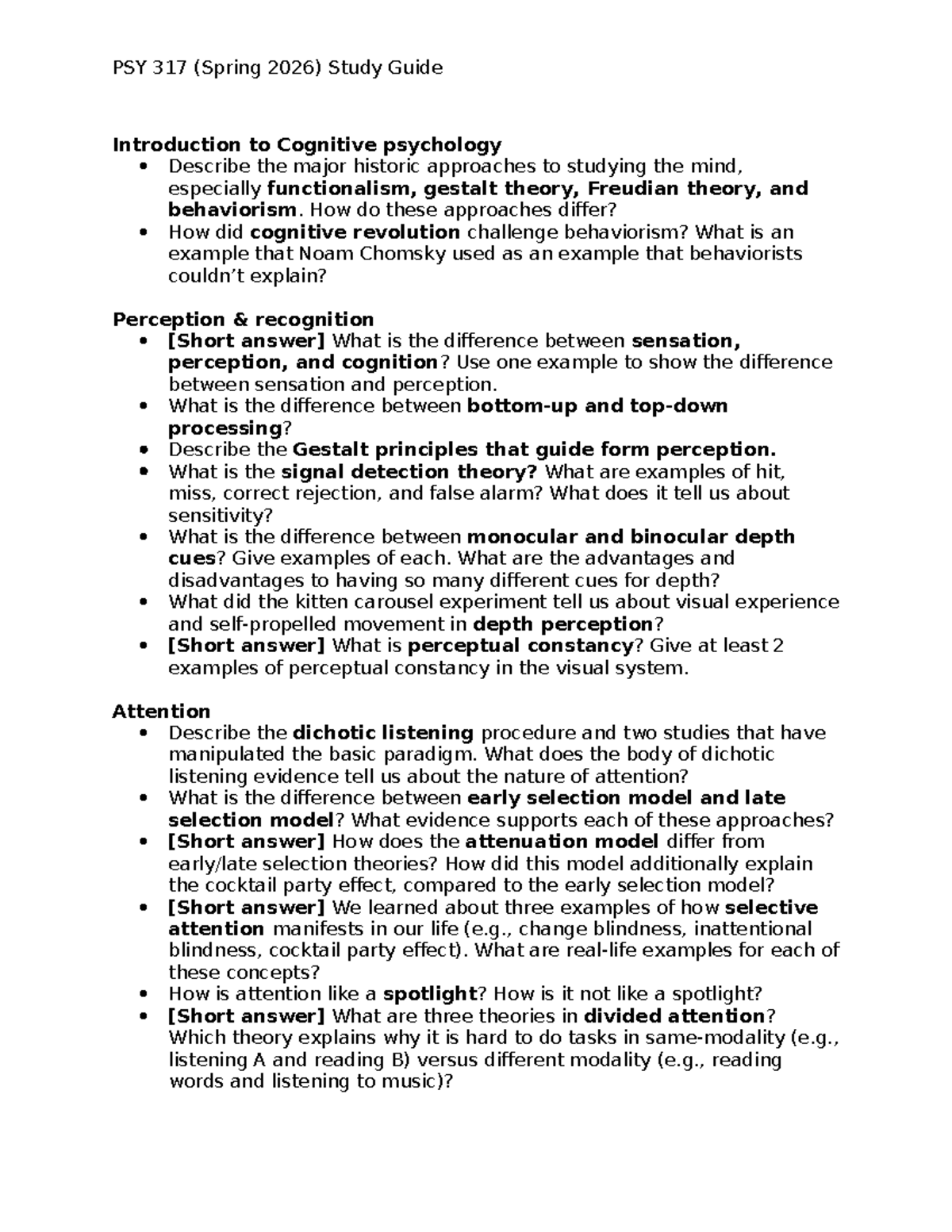 PSY 317 (Spring 2026) Midterm Study Guide: Cognitive Psychology ...