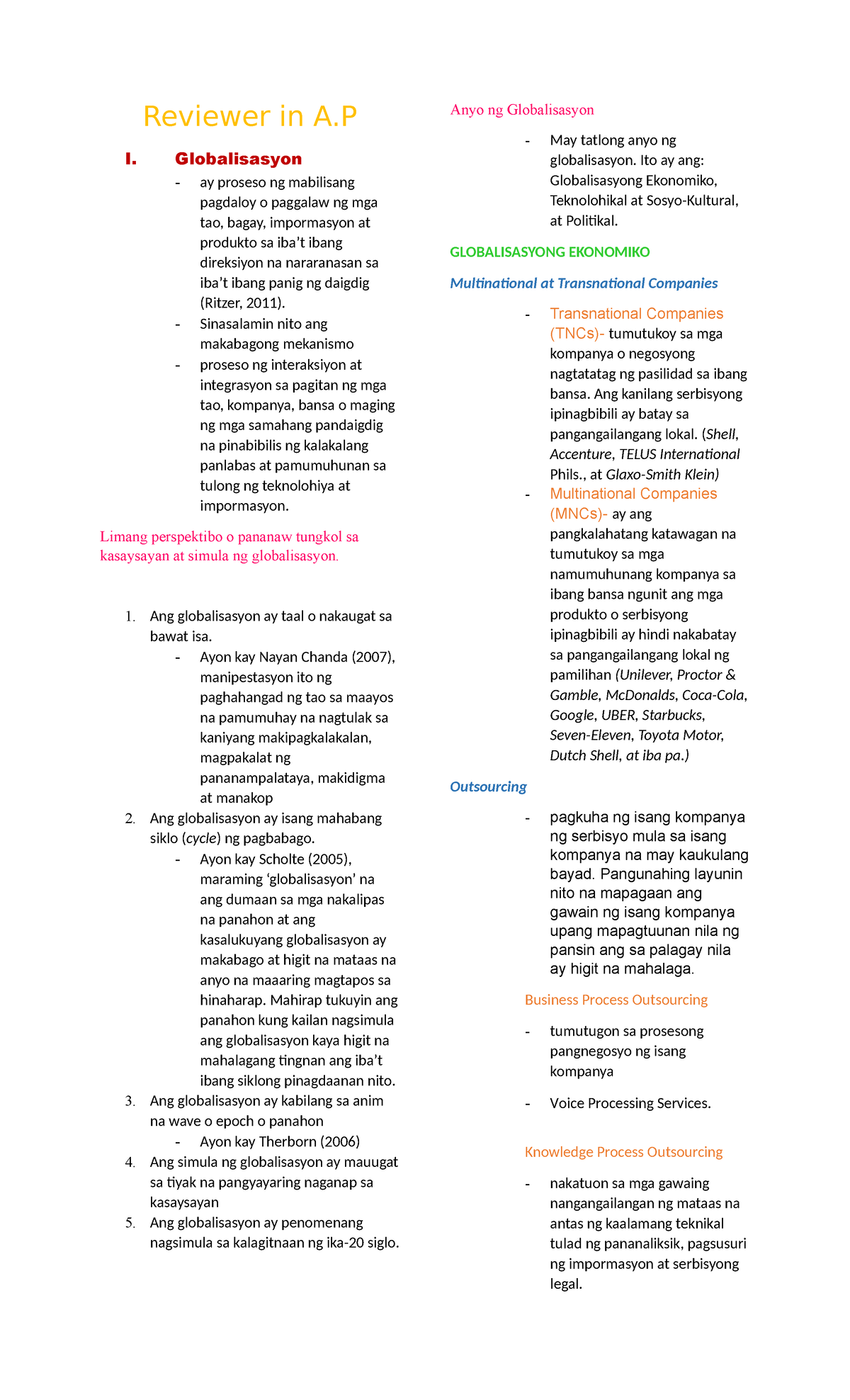 Reviewer in AP G10 Q4: Isyu at Epekto ng Globalisasyon - Studocu