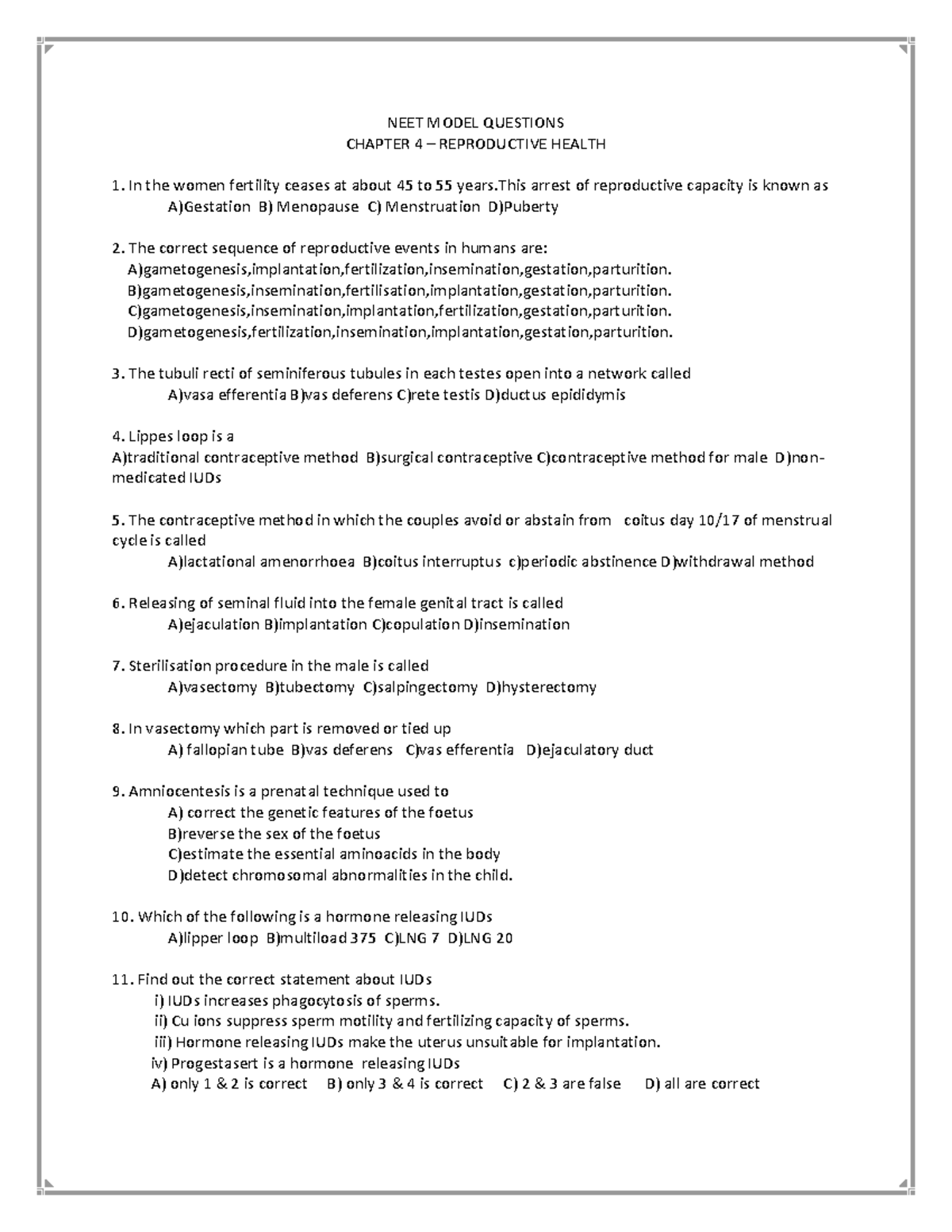 NEET MODEL QUESTIONS CHAPTER 5 REPRODUCTIVE HEALTH - Studocu