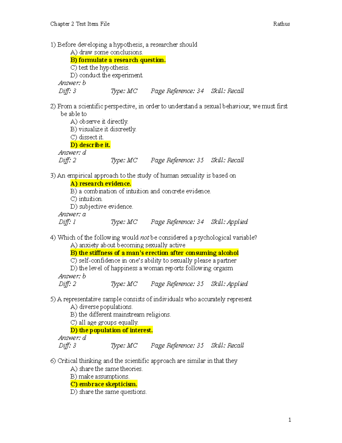 Ch02 - Testbank for Chapter 2 Human Sexuality Research - Studocu