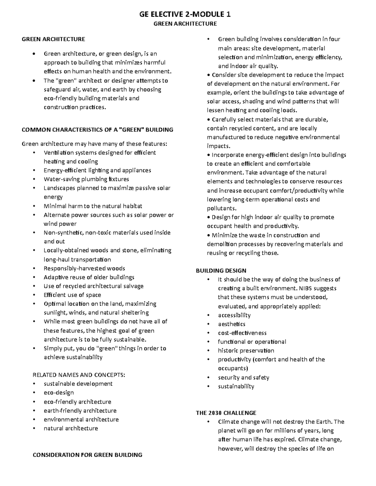 GE ELECTIVE 2 - Module 1: Fundamentals of Green Architecture - Studocu